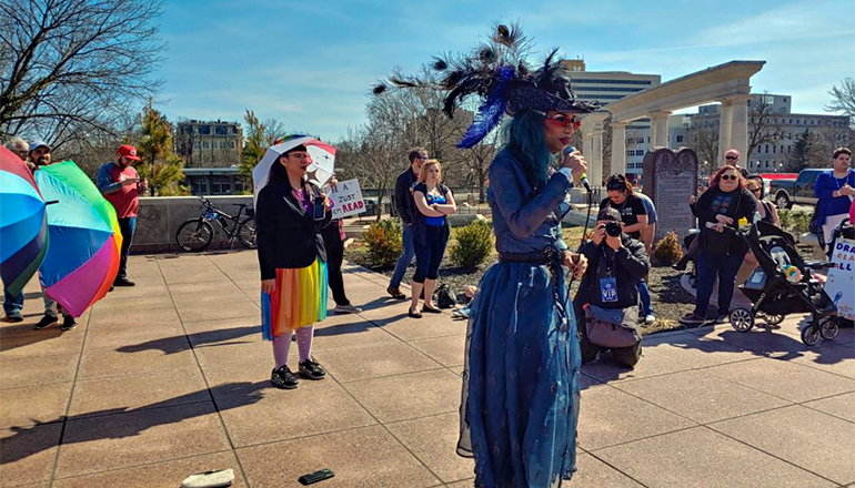 Drag queens and supporters rally against proposed drag queen story hour ban