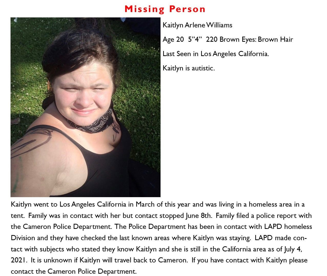 Cameron Police Department Seeking Help In Locating Woman Last Reported